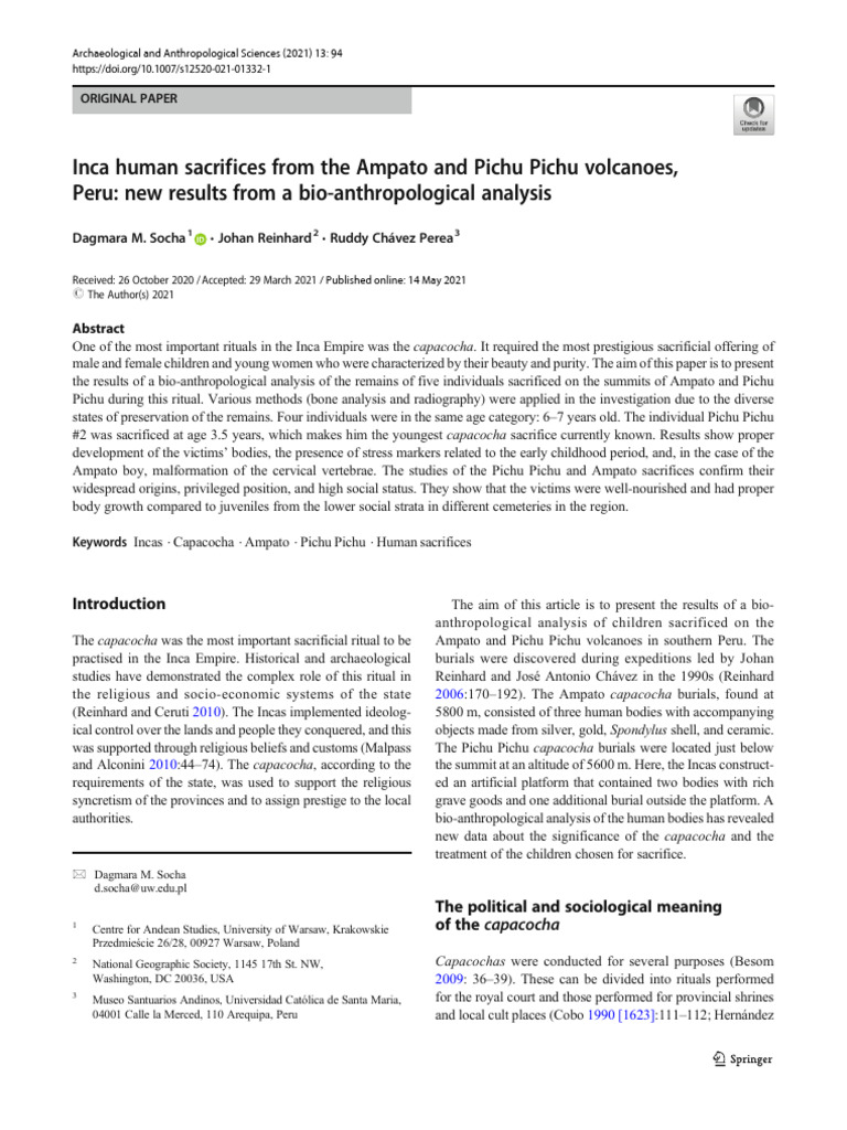 Socha Et Al. 2021 Inca Human Sacrifices From The Ampato and Pichu Pichu ...