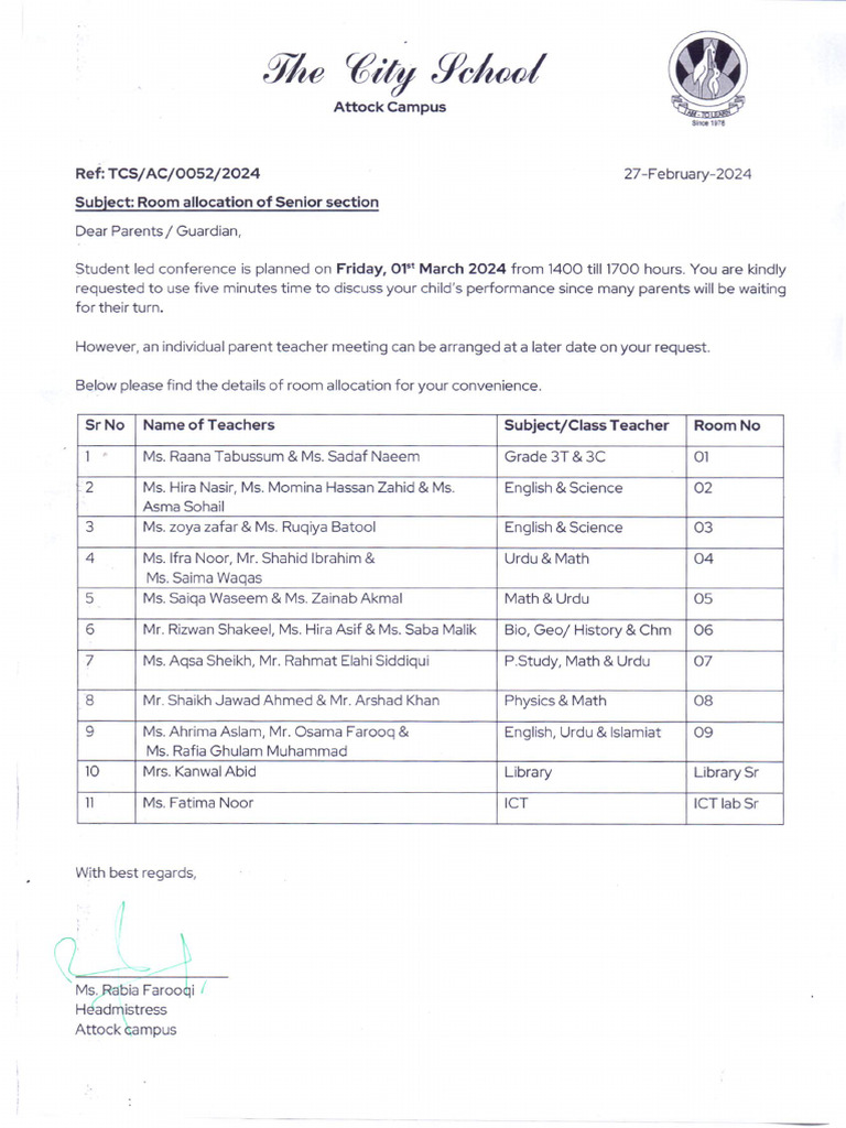 Room Allocation Senior Section | PDF