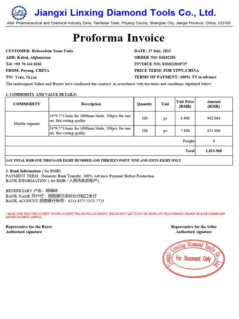 Selina Invoice-Linxing Company-Marble Segment | PDF | Economies | Business