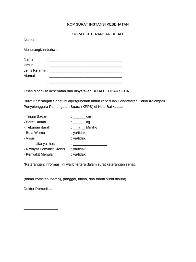 Contoh Format Surat Keterangan Sehat KPPS Pemilu 2024 | PDF