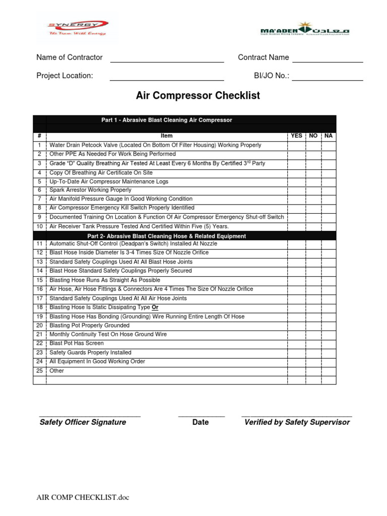 Air Comp Checklist | PDF