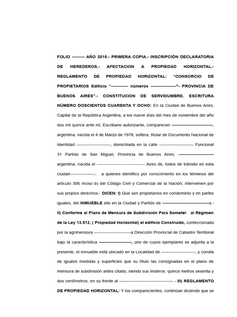 2015 MODELO. Declaratoria y Afectación de Propiedad Horizontal. | PDF | Propiedad | Quórum