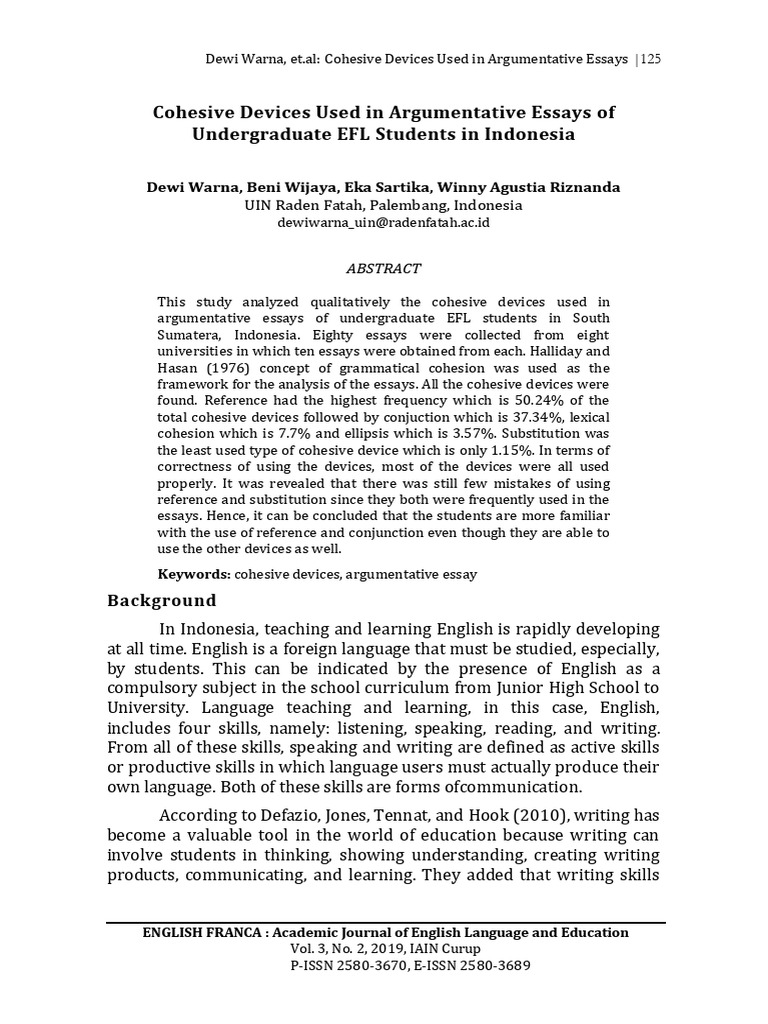 Cohesive Devices Used in Argumentative Essays of | PDF | Essays ...