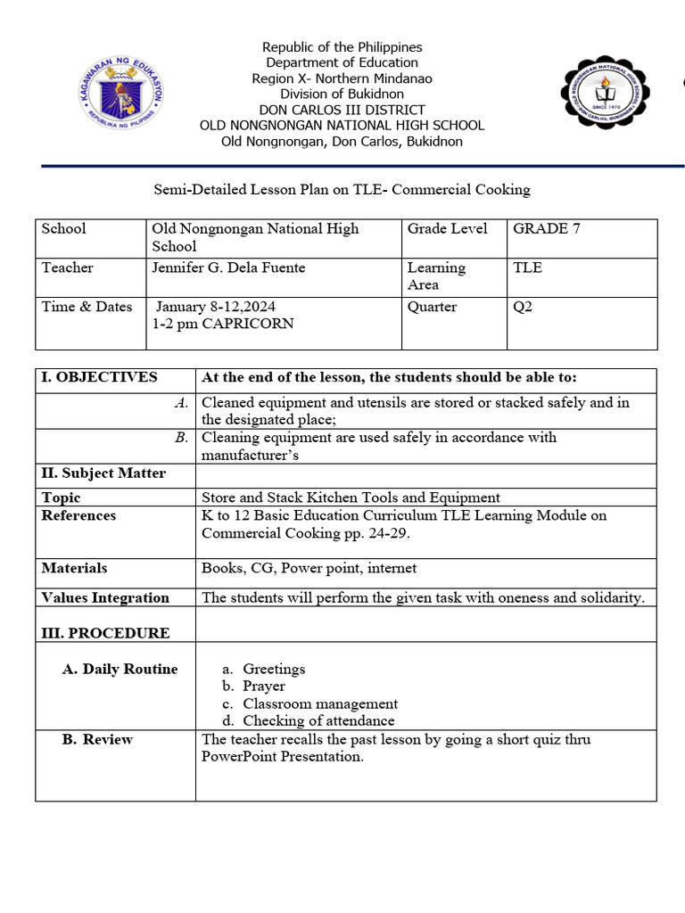 SEMI - DETAILED LESSON PLAN - TLE January 8-12,2024 | PDF | Lesson Plan ...