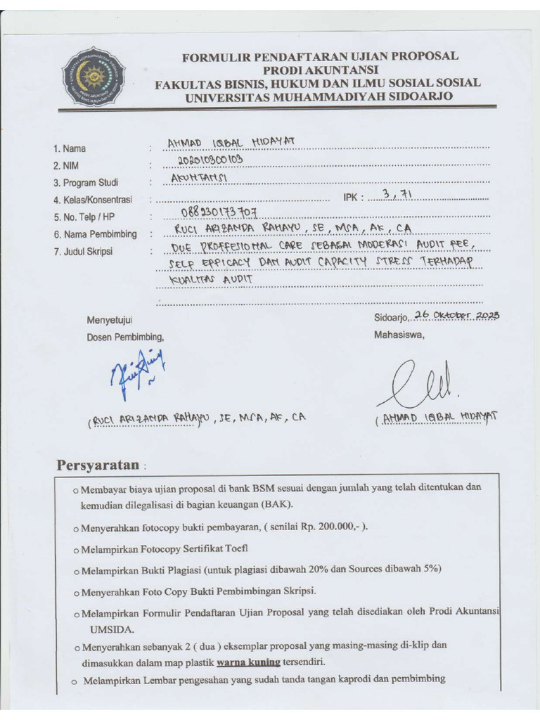 Form Pengajuan Pendaftaran Ujian Proposal - Ahmad Iqbal Hidayat - 202010300103 | PDF