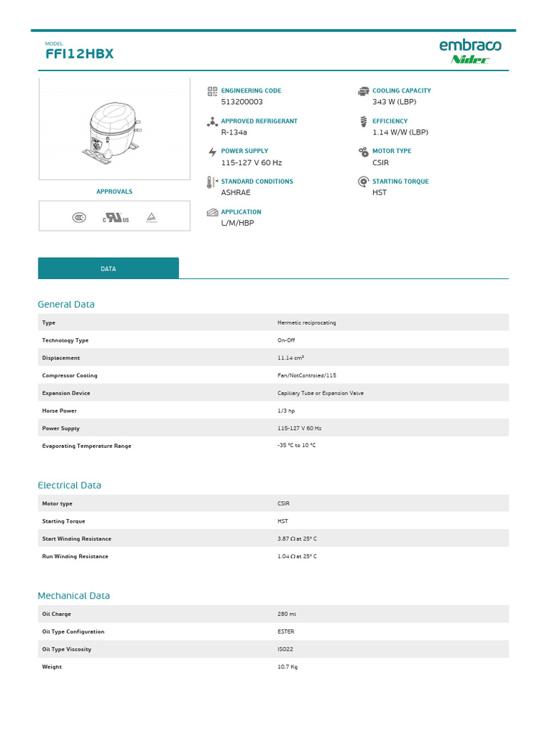 Embraco FFI12HBX Compressor Specifications | PDF | Electrical ...