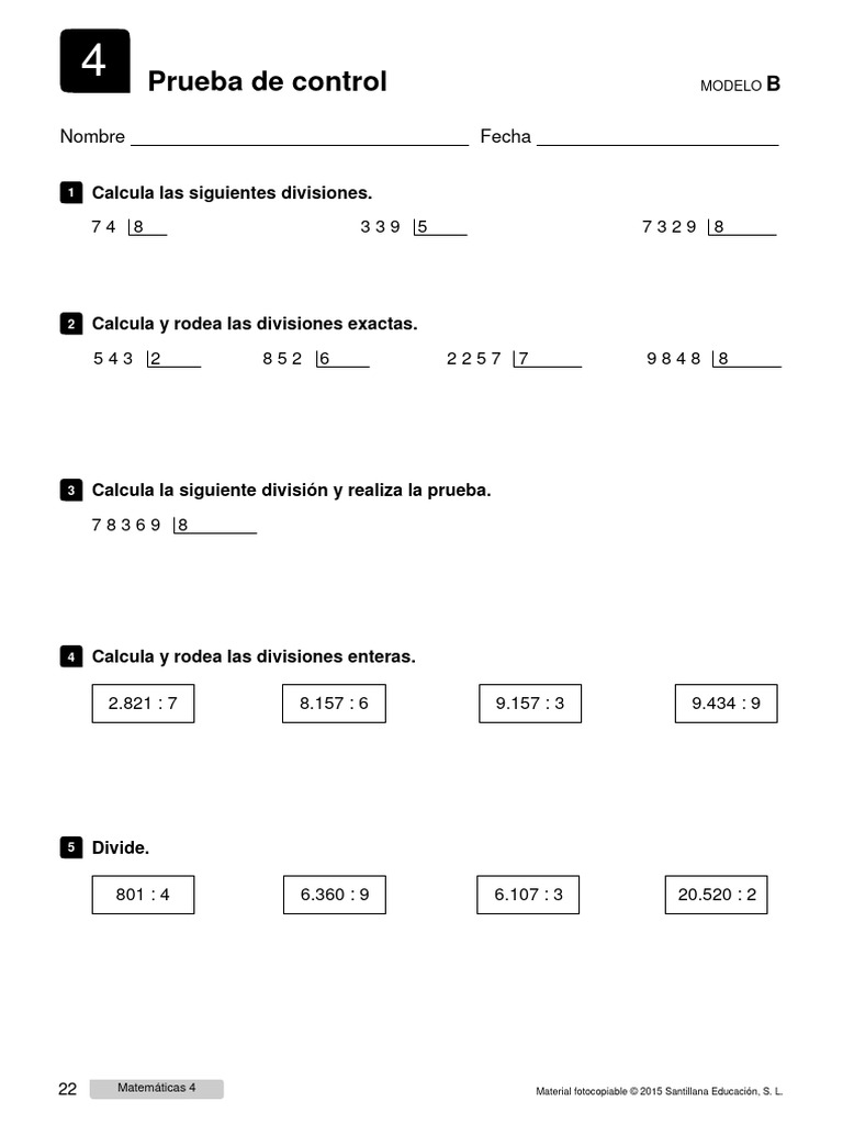 Examenes Santillana Saber Hacer Matematicas 4 Primaria | PDF