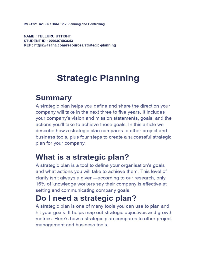 Strategic Planning | PDF | Strategic Planning | Business Plan