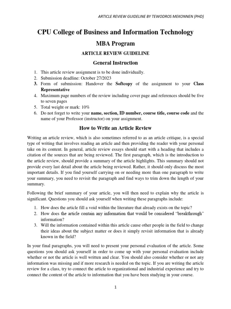 Article Review Guideline by DR Tewodros Mekonnen | PDF | Citation ...