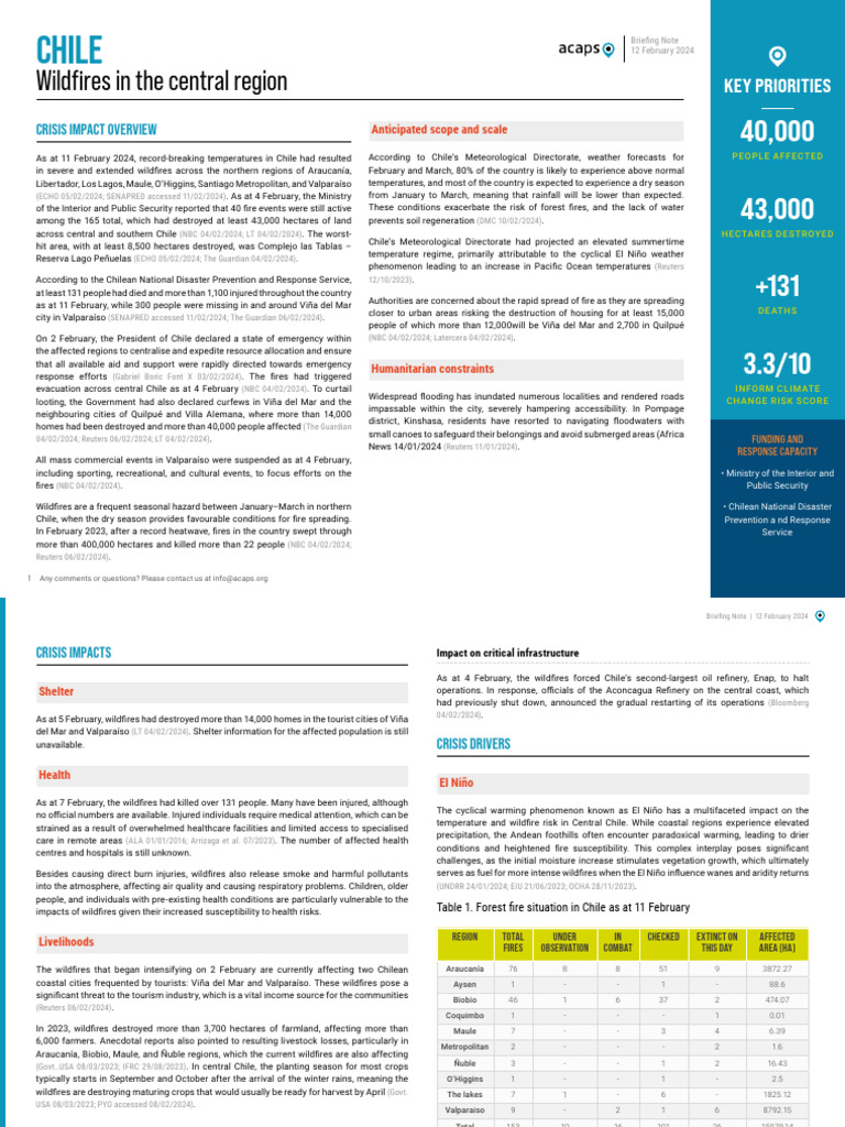 ACAPS Briefing Note Chile - Wildfires in The Central Region | PDF | Wildfire | Chile