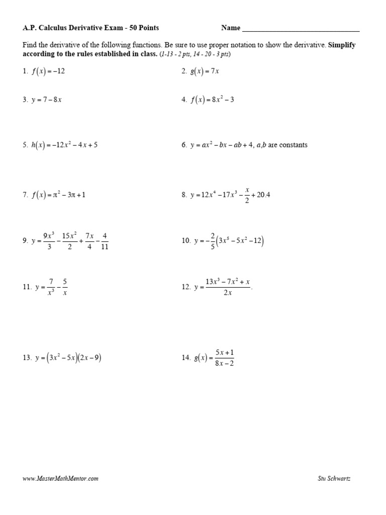 A.P. Calculus Derivative Exam Practice | PDF | Tangent | Mathematical ...