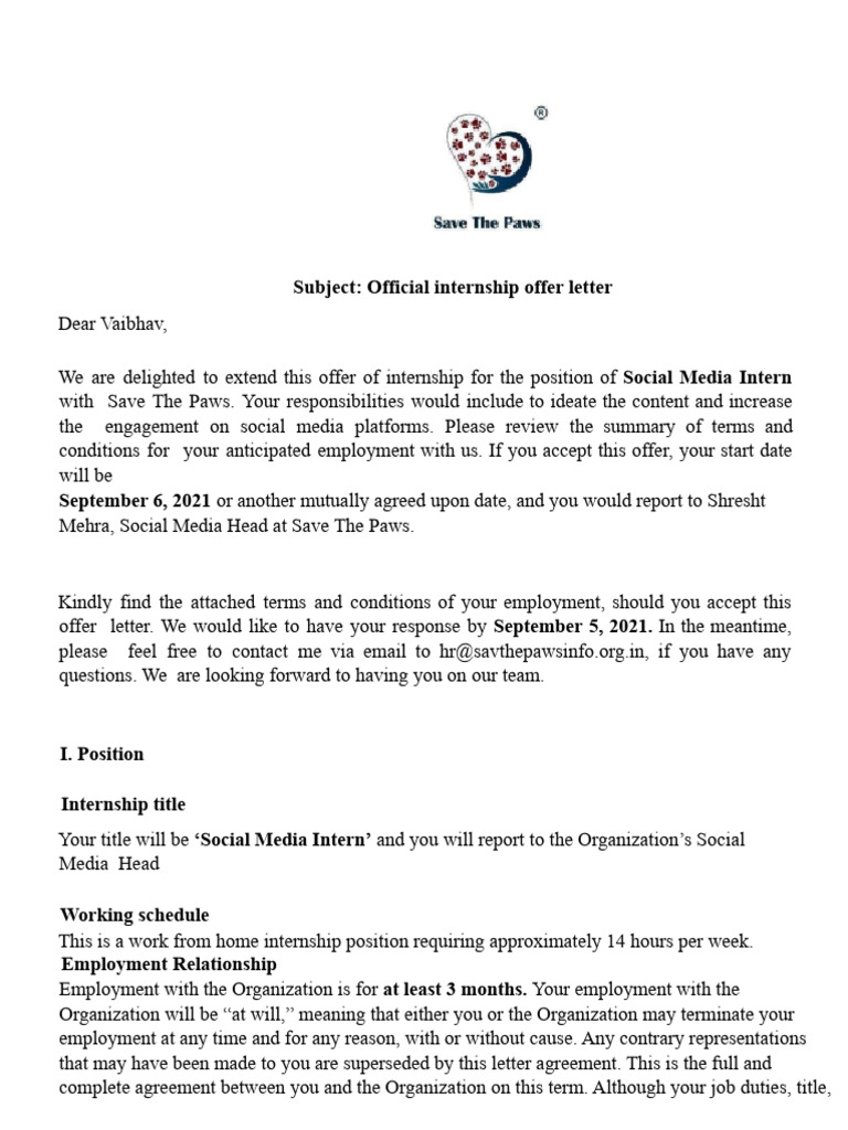 Vaibhav - Offer Letter | PDF | Employment | Internship