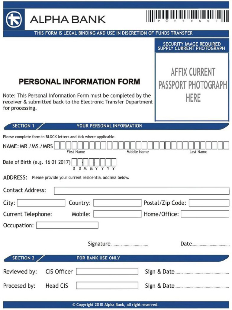 Alpha Bank Personal Information Form | PDF