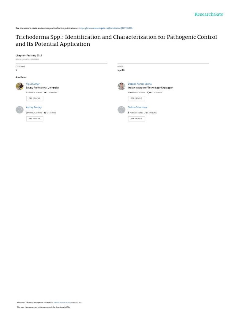 Trichoderma SPP.: Identification and Characterization For Pathogenic Control and Its Potential ...
