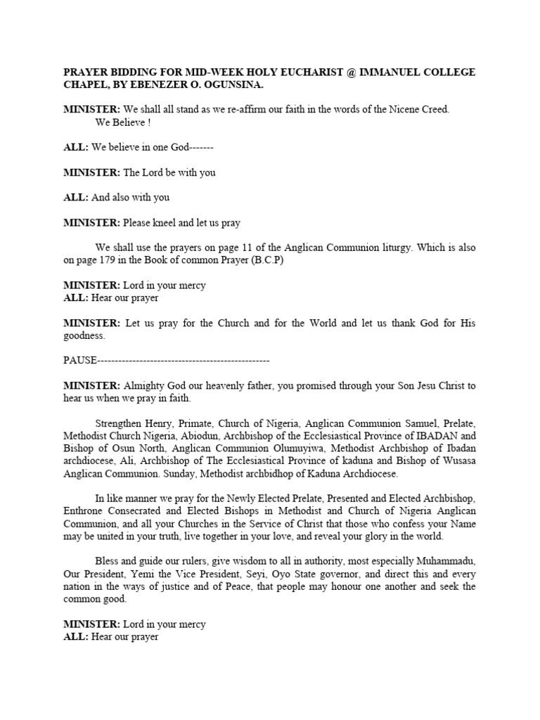 Holy Eucharist Prayer Bidding | PDF | Eucharist | Prayer