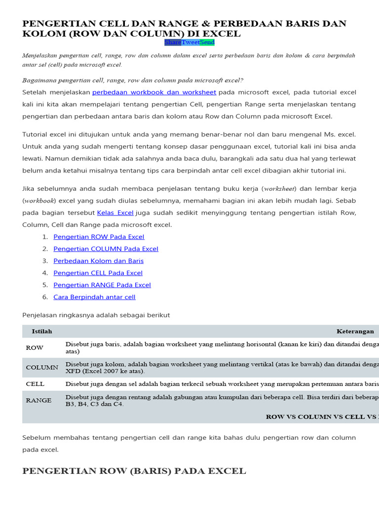 Pengertian Cell Dan Range & Perbedaan Baris Dan Kolom (Row Dan Column) Di Excel | PDF