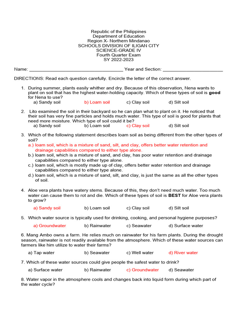 Grade 4 Science Exam | PDF | Water | Water Cycle