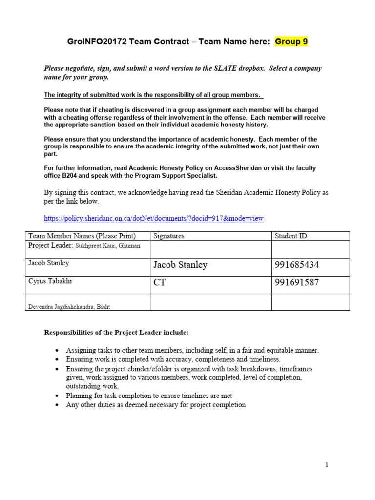 Team Contract for Academic Integrity | PDF