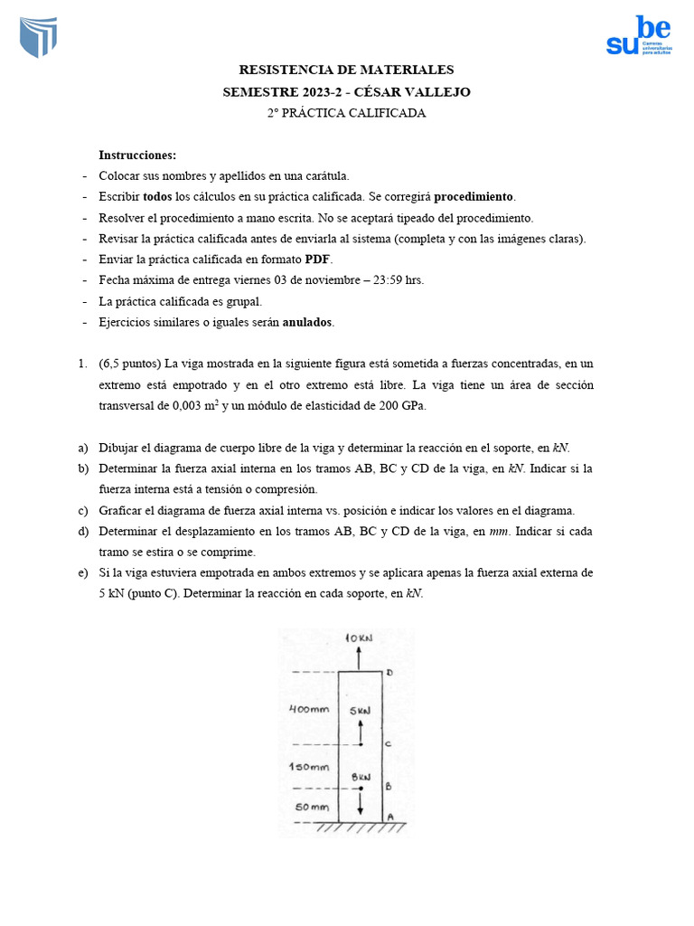 2° Practica Calificada Resistencia de Materiales G2 | PDF | Viga (Estructura) | Ingeniería de ...
