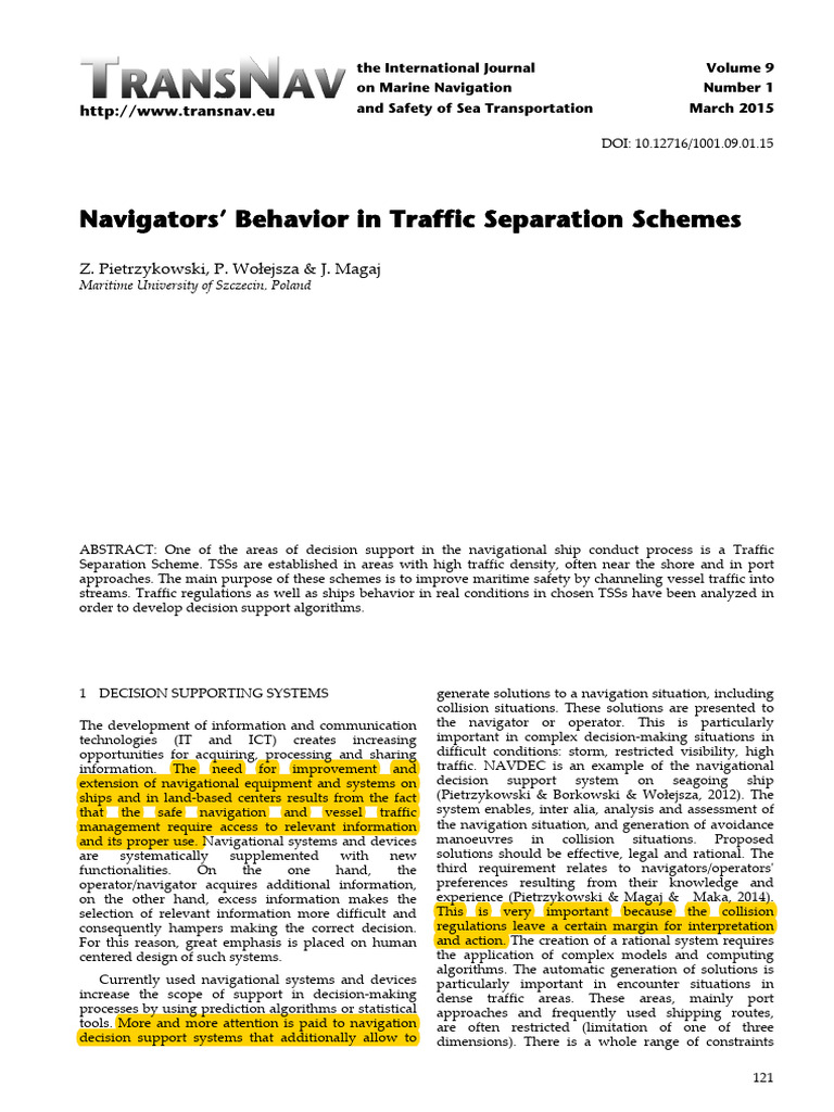 Navigators' Behavior in Traffic Separation Schemes | PDF | Traffic | Ships