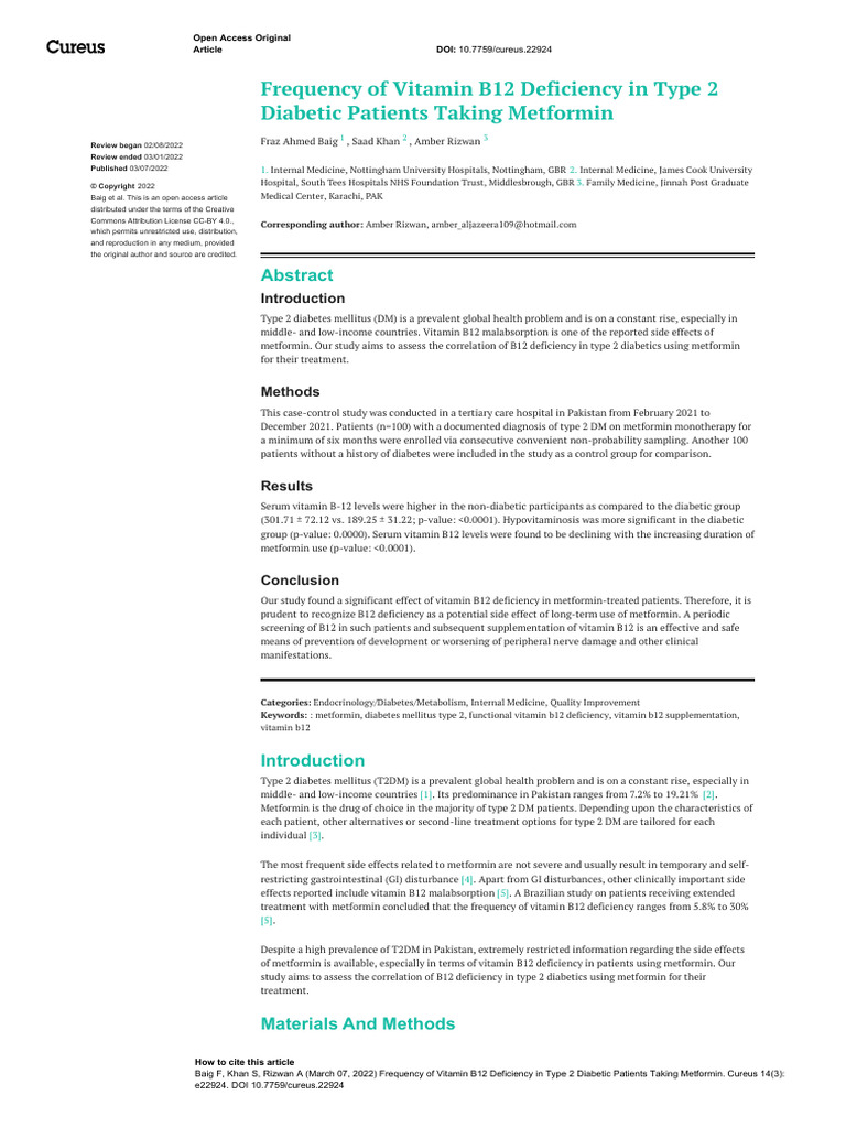 Baig Et Al Frequency of Vitamin B12 Deficiency in Type 2 | PDF | Hospital | Health Sciences