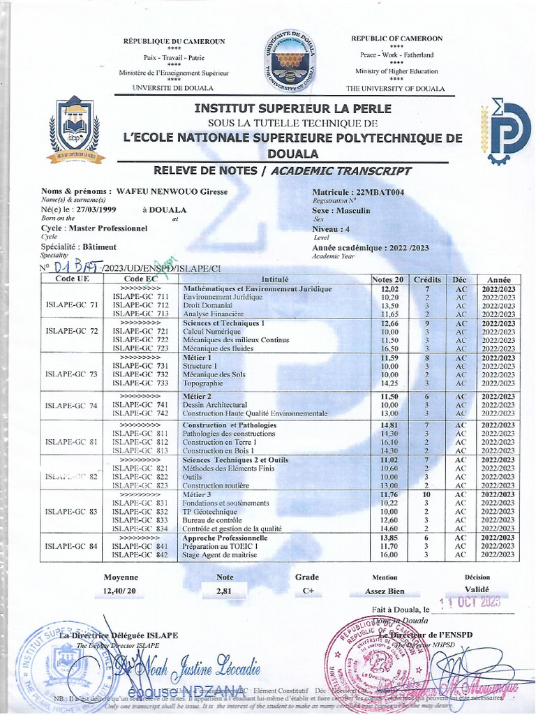 Releve de Notes Master 1 | PDF