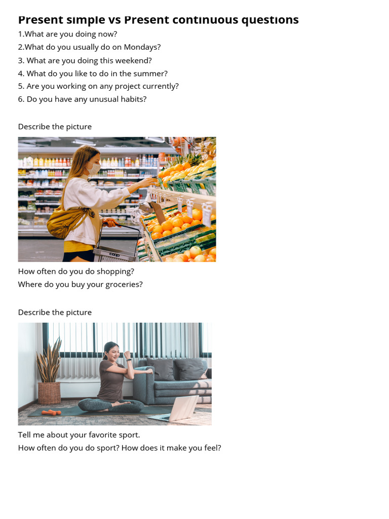 Present Simple vs Continuous Questions | PDF | Self-Improvement | Wellness