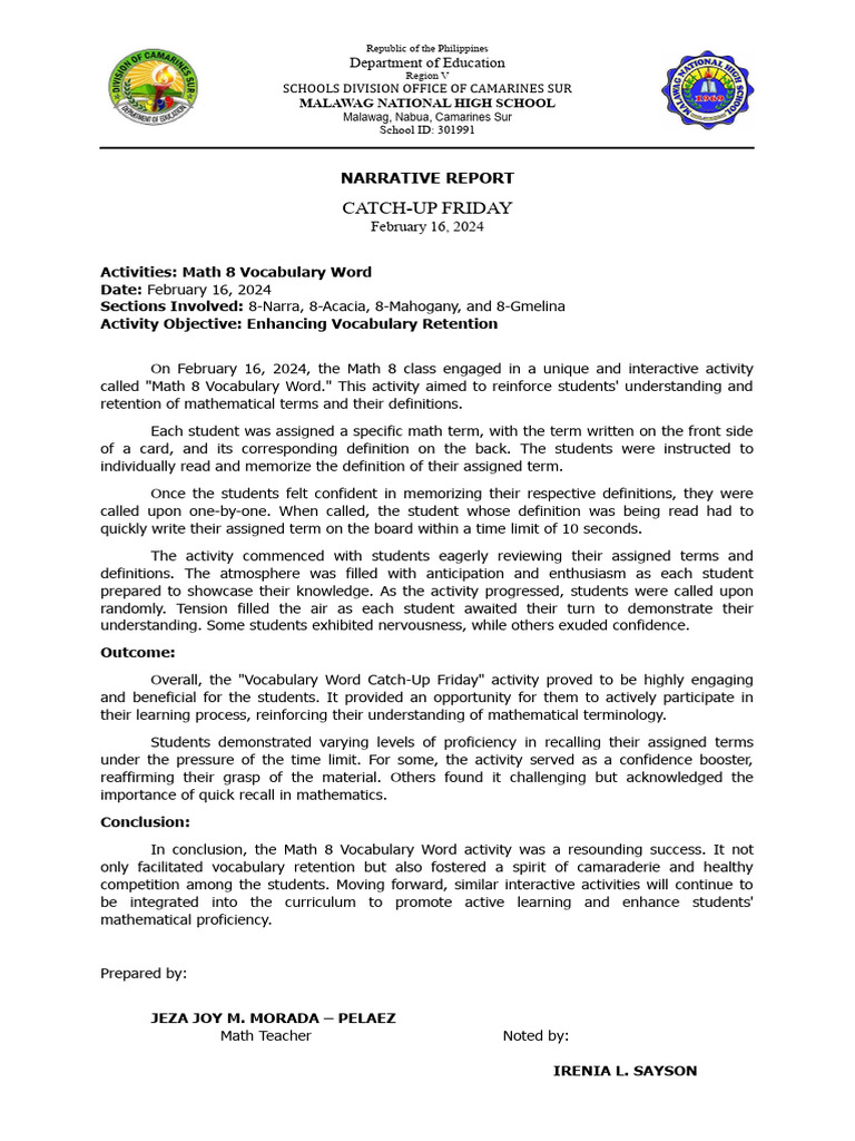 NARRATIVE REPORT Catch Up Friday Feb 16, 2024 | PDF | Vocabulary | Mathematics