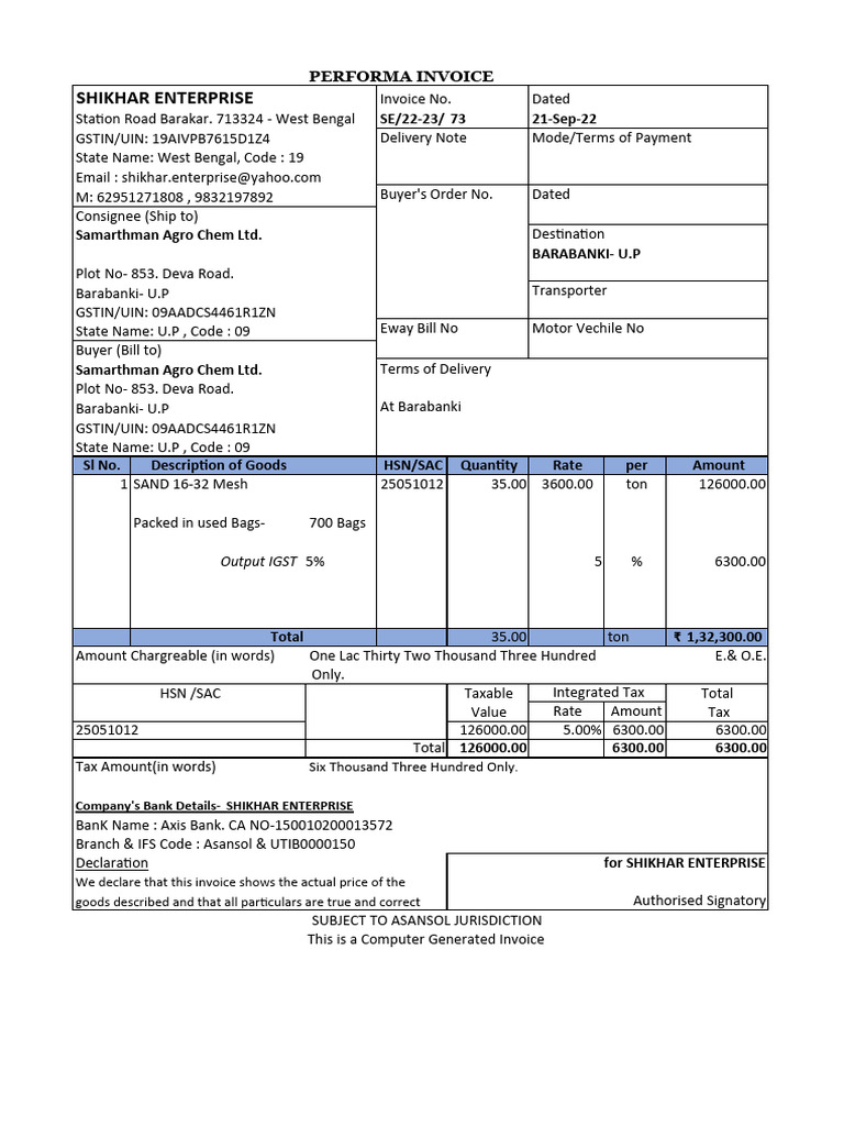 Invoice for Samarthman Agro Chem Ltd. | PDF | Invoice | Business