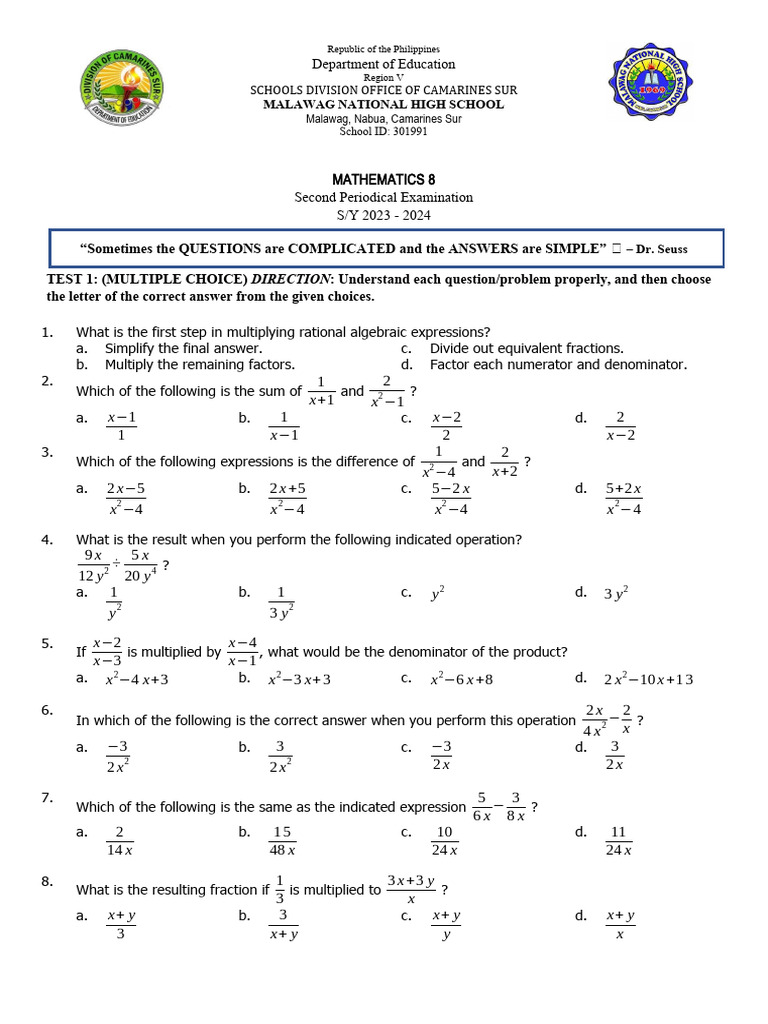 2nd Periodical Exam MATHEMATICS 8 2023-2024 | PDF | Mathematical ...