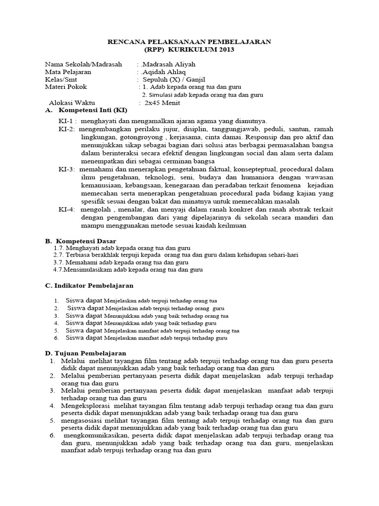 RPP Akidah Akhlak X KD 7 | PDF