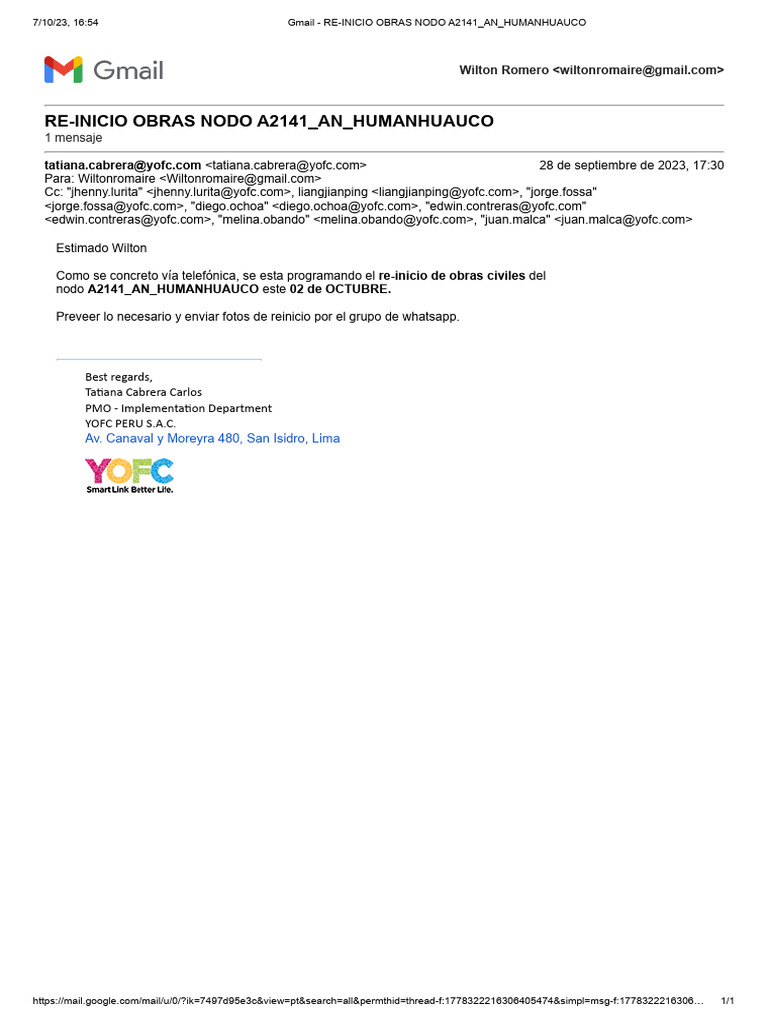 Gmail - RE-INICIO OBRAS NODO A2141 - AN - HUMANHUAUCO | PDF
