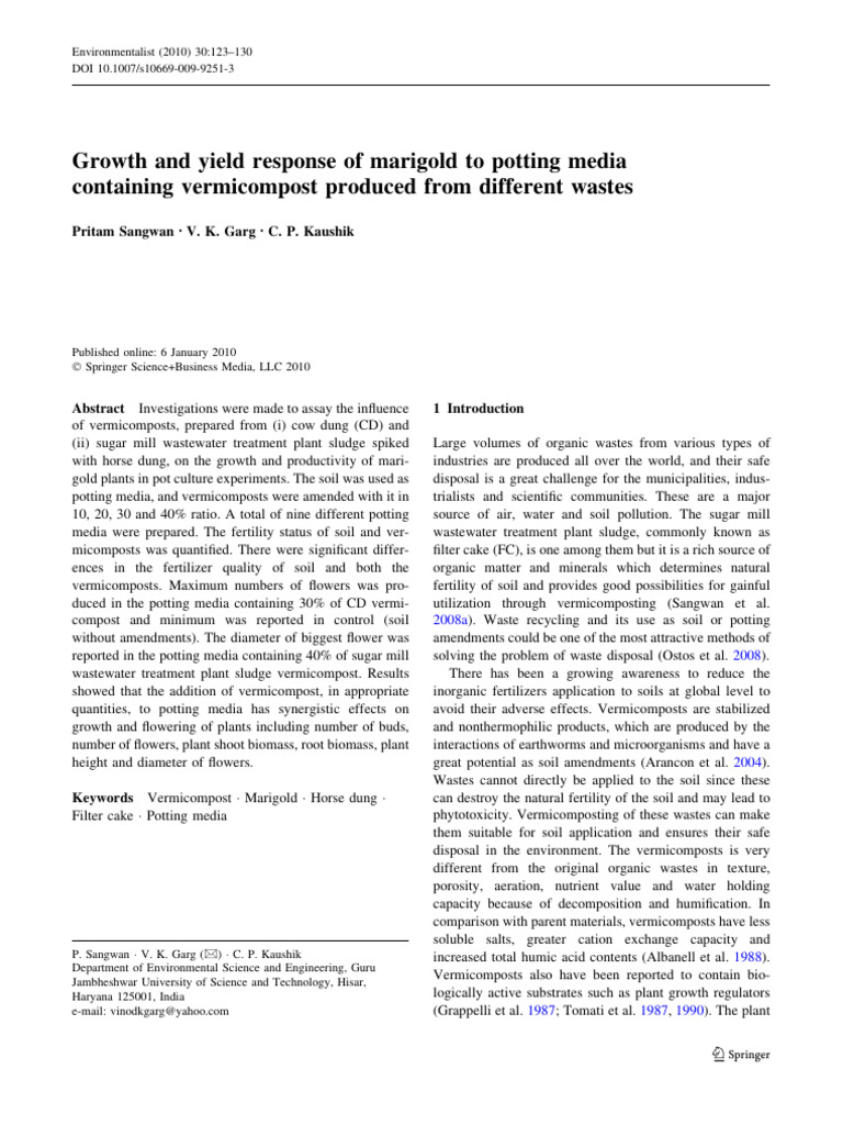 Growth and Yield Response of Marigold To Potting Media Containing ... Growth and Yield Response of Marigold To Potting Media Containing ...