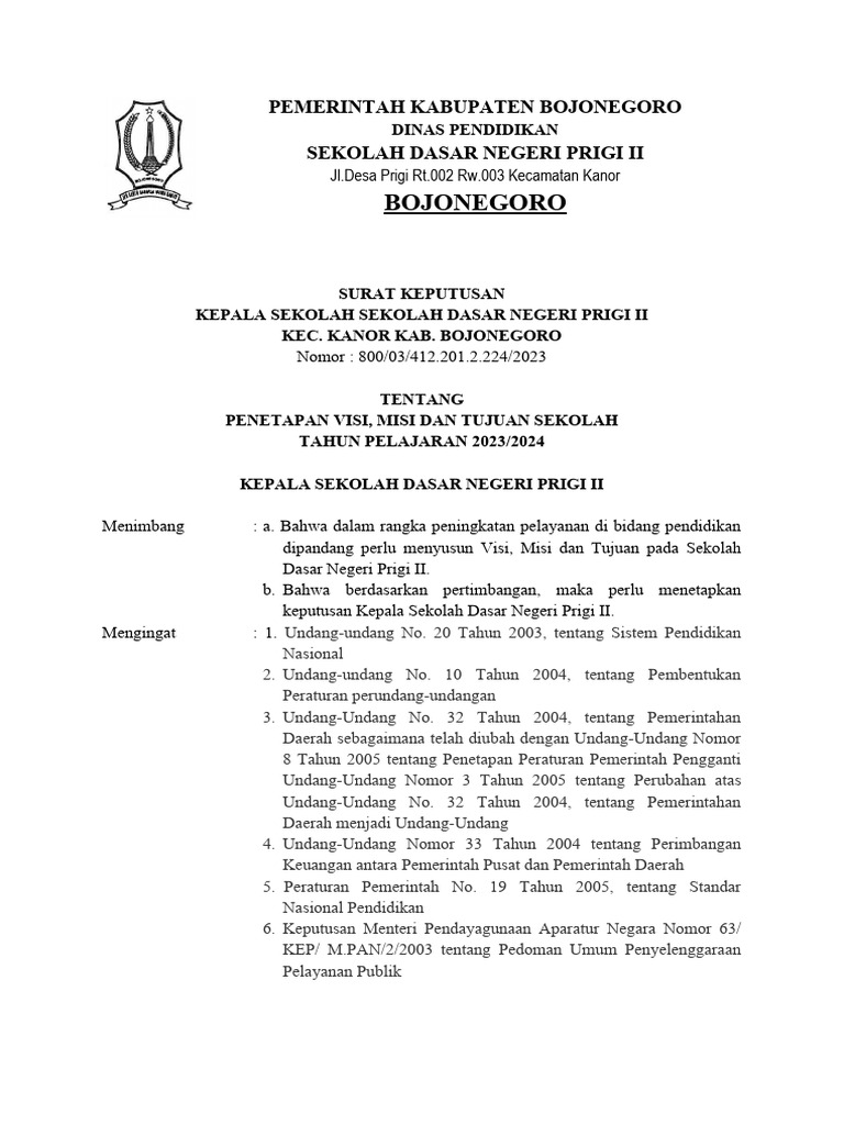 Visi Misi SDN Prigi II 2023/2024 | PDF