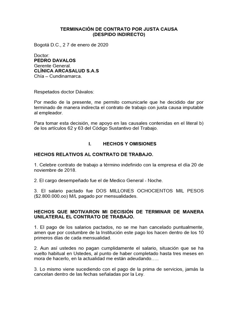 Carta Terminación de Contrato Por Justa Causa | PDF | Salario