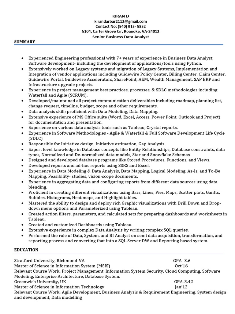 Kiran D-Senior Business Data Analyst | PDF | Databases | Software Development Process