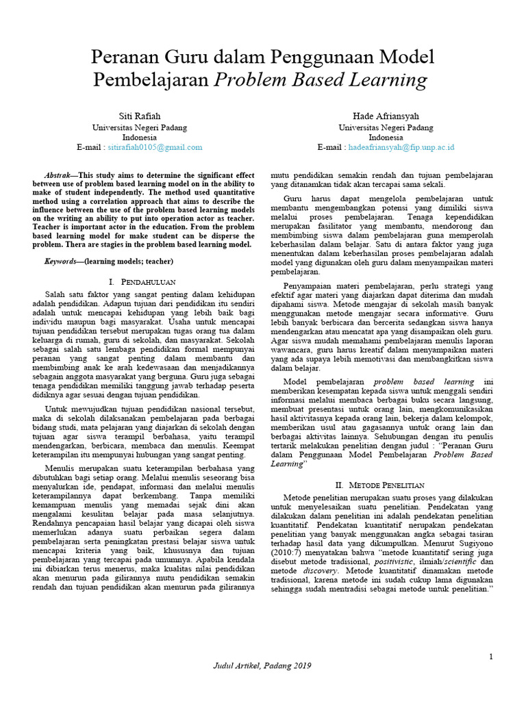 Siti Rafiah (Peranan Guru Dalam Penggunaan Model Pembelajaran Problem Based Learning) | PDF ...