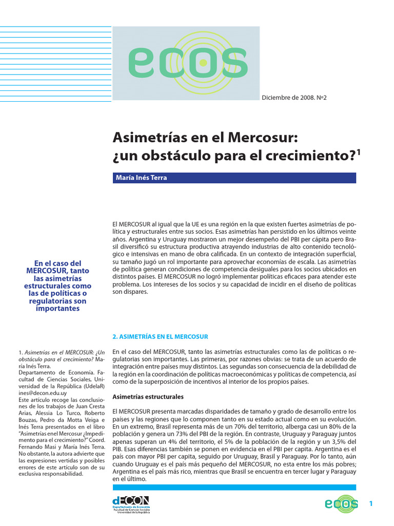Asimetrías del Mercosur: Desafíos Económicos | PDF | Uruguay | Economias