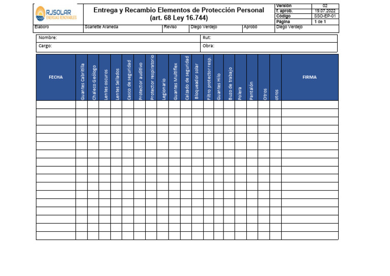 SSO-EP-01 Entrega Epp (Recambio) Rev. 02 | PDF