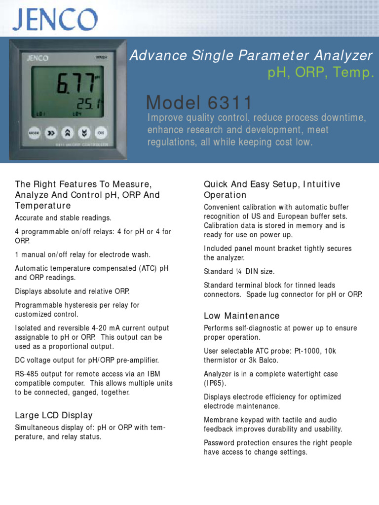 6311 - Jenco PH, ORP, Temp Industrial Analyzer | PDF | Ph | Power Supply