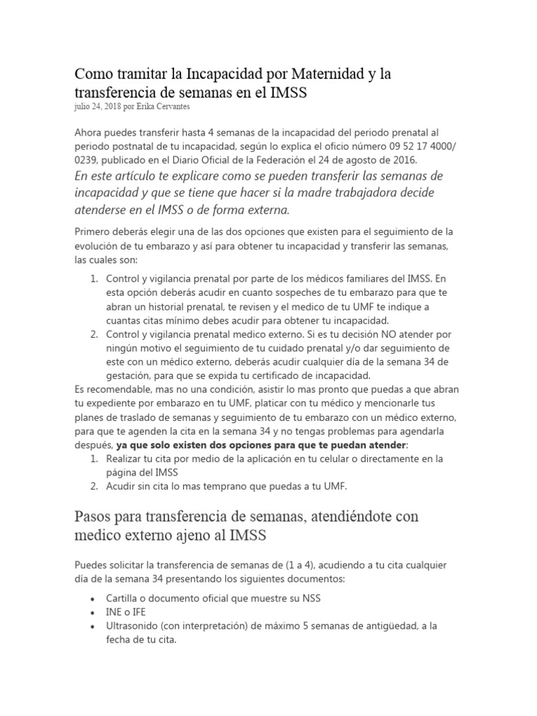 Como Tramitar La Incapacidad Por Maternidad y La Transferencia de Semanas en El IMSS | PDF ...