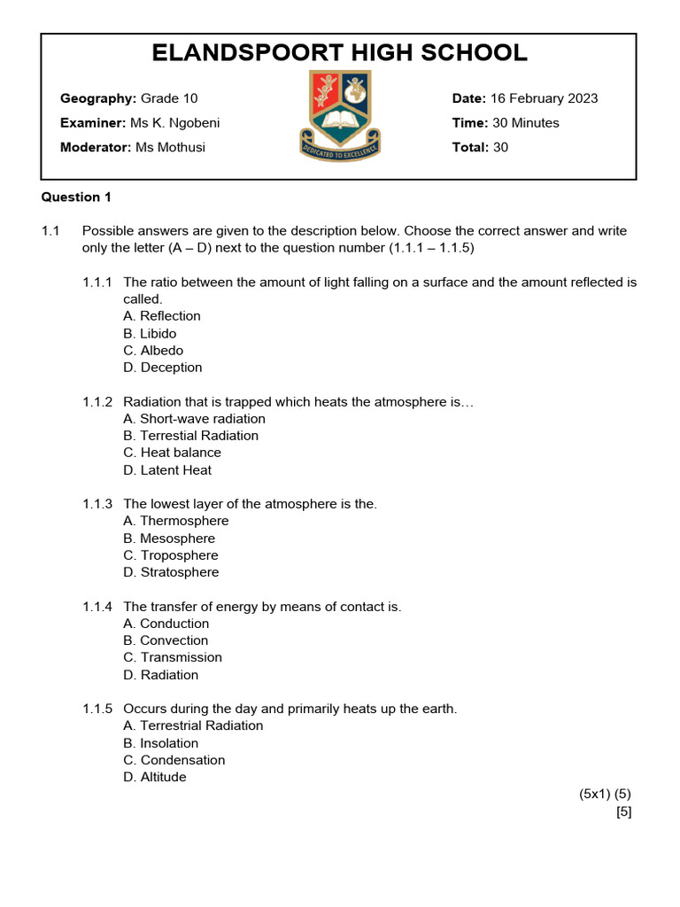 Grade 10 Term 1 Class Test 1 Pdf Atmosphere Of Earth Atmosphere
