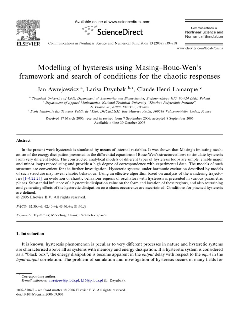 Awrejcewicz - 2008 - Modeling of Hysteresis Using Masing - Bouc-Wens Framework and Search of ...