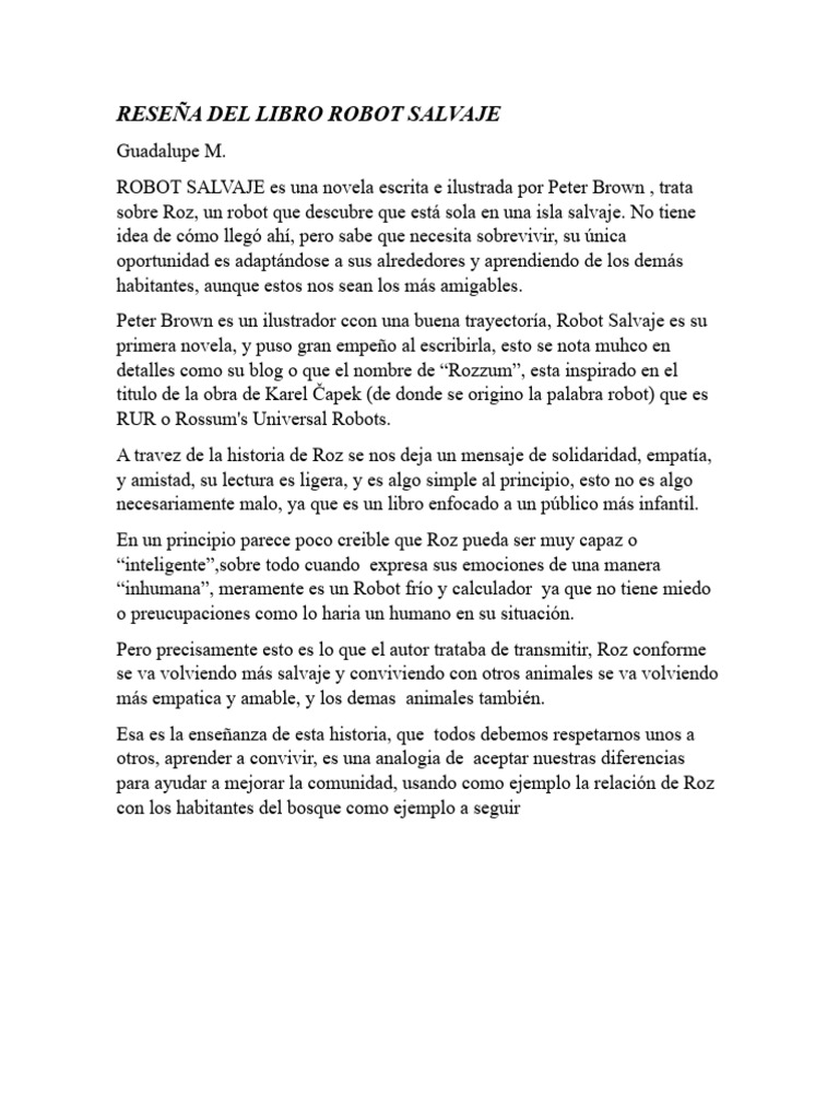 Reseña Del Libro Robot Salvaje de Peter Brown | PDF