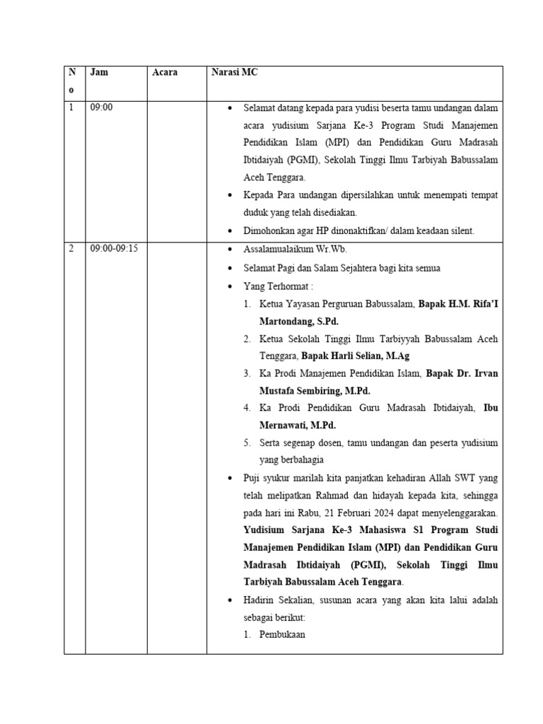 Teks MC Yudisium Sarjana MPI dan PGMI | PDF
