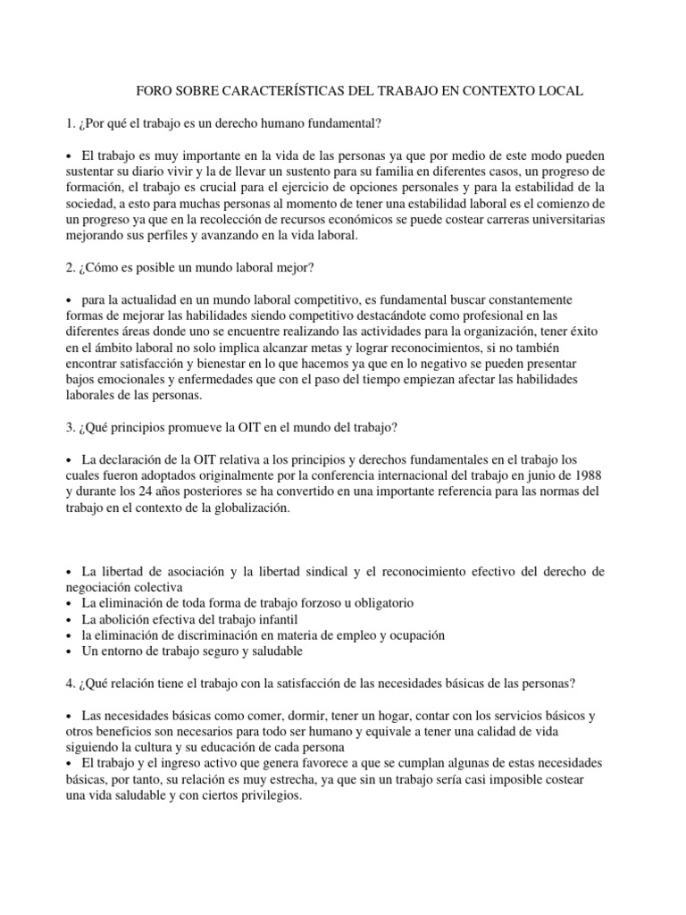 Foro Sobre Características Del Trabajo en Contexto Local | PDF | Derecho laboral | Organización ...