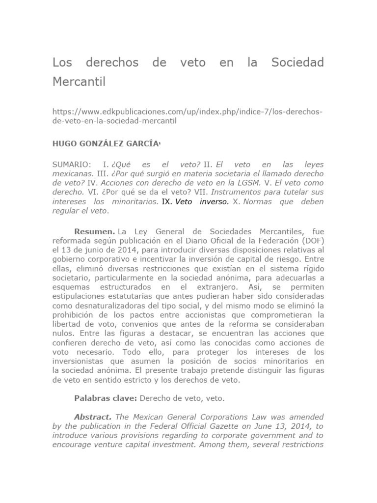 Los Derechos de Veto en La Sociedad Mercantil | PDF | Veto | Capital de ...