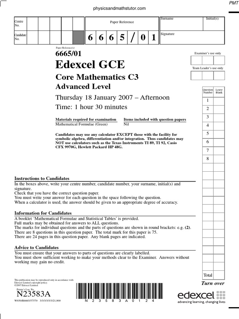 C3 January 2007 QP | PDF | Calculator | Mathematics