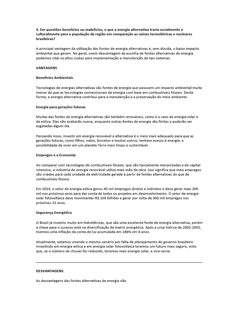 Vantagens e Desvantagens da Energia Alternativa | PDF | Energia renovável | Energia eólica