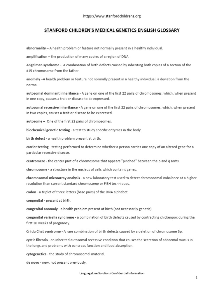 StanfordChildren's ENGLISH ONLY Medical Genetics Glossary . | PDF ...